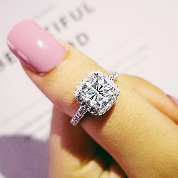 Swarovski | Jewelry | 3ct Halo 925 Princess Cushion Cut Engagement Ring ...